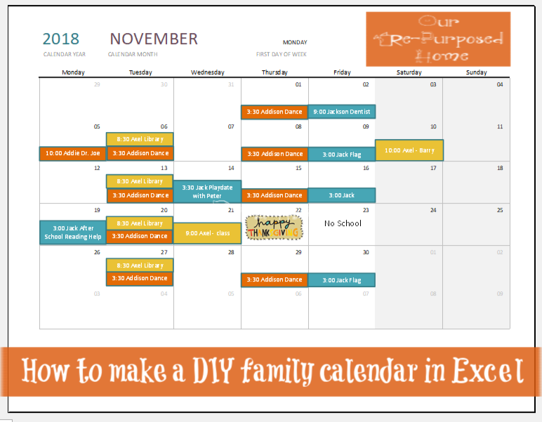 Easy Excel DIY Family Calendar Our Re purposed Home